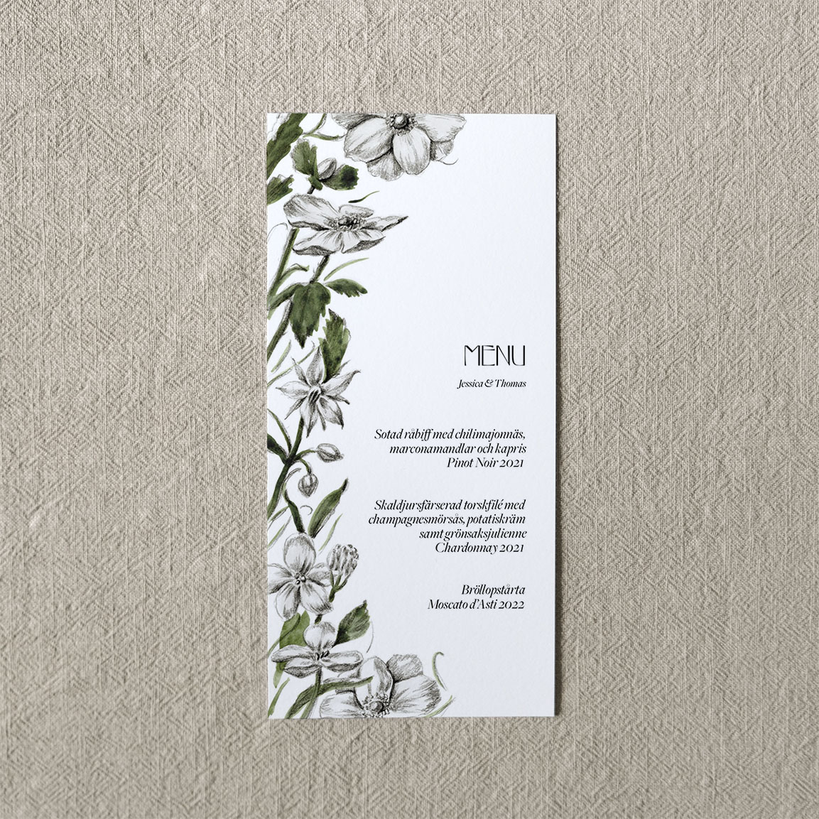 Green & Grey Flowers | Menu | Single Card 10×21 cm – Blecktorn Design
